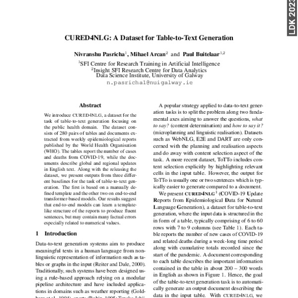 Cured4nlg A Dataset For Table To Text Generation Acl Anthology