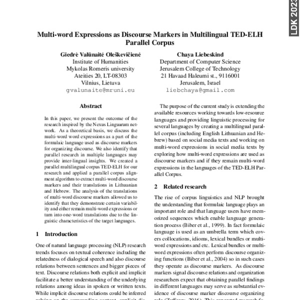 Multi Word Expressions As Discourse Markers In Multilingual Ted Elh Parallel Corpus Acl Anthology