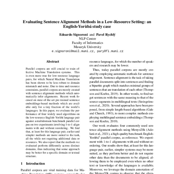 Evaluating Sentence Alignment Methods in a Low-Resource Setting: An English-YorùBá Study Case ...