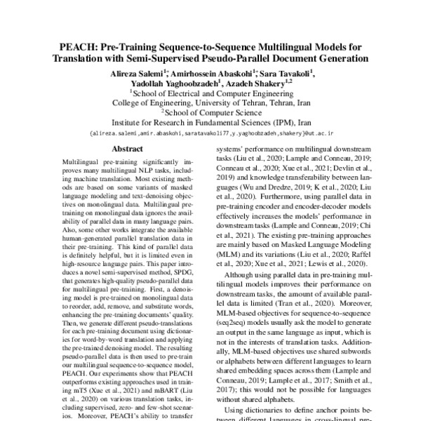 PEACH: Pre-Training Sequence-to-Sequence Multilingual Models for Translation with Semi ...