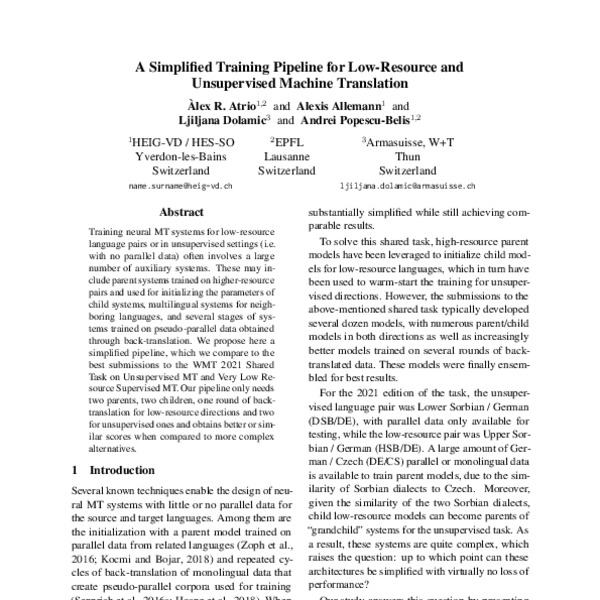 A Simplified Training Pipeline for Low-Resource and Unsupervised Machine Translation - ACL Anthology