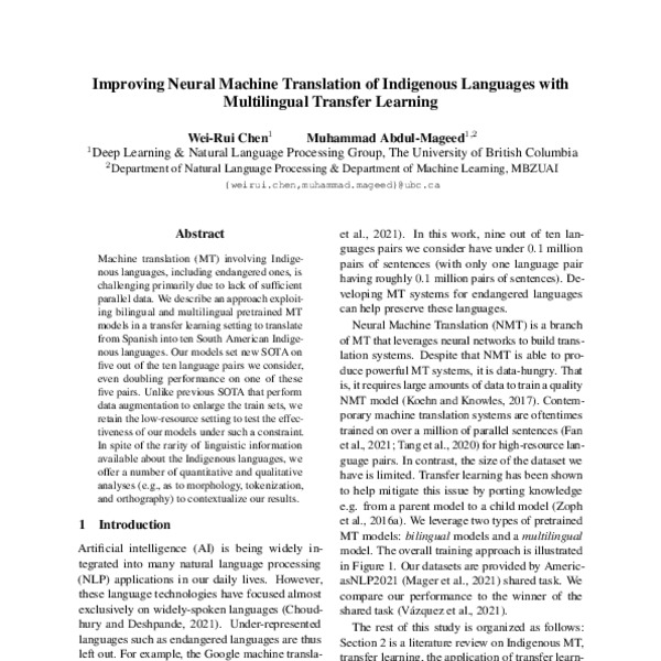 Improving Neural Machine Translation of Indigenous Languages with Multilingual Transfer Learning ...