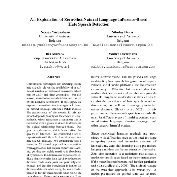 An Exploration Of Zero Shot Natural Language Inference Based Hate Speech Detection Acl Anthology