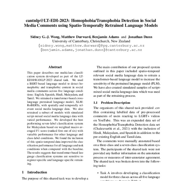 cantnlp@LT-EDI-2023: Homophobia/Transphobia Detection in Social Media Comments using Spatio ...