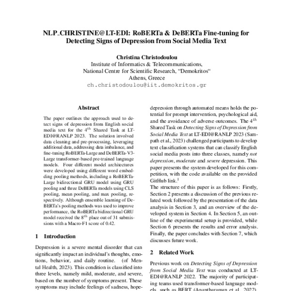 NLP_CHRISTINE@LT-EDI-2023: RoBERTa & DeBERTa Fine-tuning for Detecting Signs of Depression from ...