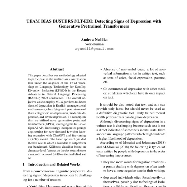 TEAM BIAS BUSTERS@LT-EDI-2023: Detecting Signs of Depression with Generative Pretrained ...