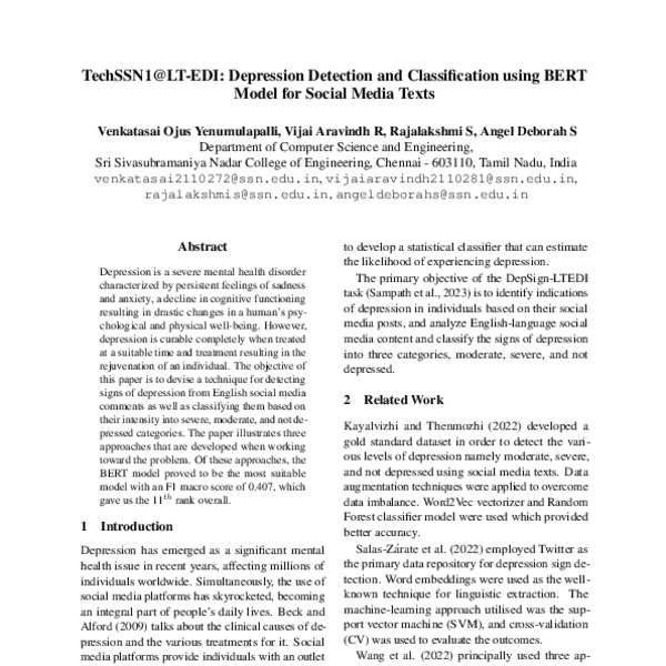 TechSSN1 at LT-EDI-2023: Depression Detection and Classification using BERT Model for Social ...