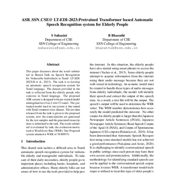 ASR_SSN_CSE@LTEDI- 2023: Pretrained Transformer based Automatic Speech Recognition system for ...
