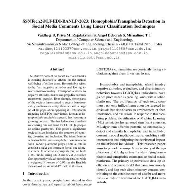 SSNTech2@LT-EDI-2023: Homophobia/Transphobia Detection in Social Media Comments Using Linear ...