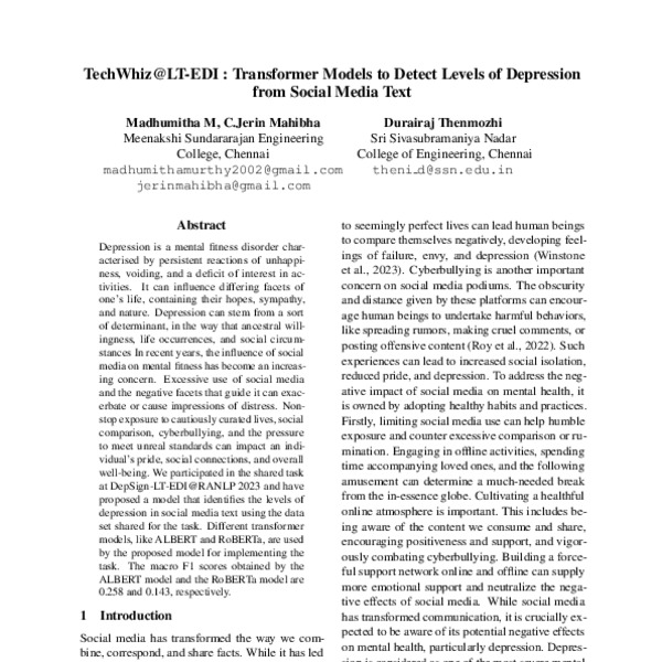 TechWhiz@LT-EDI-2023: Transformer Models to Detect Levels of Depression from Social Media Text ...