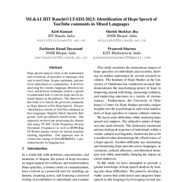 ML&AI_IIITRanchi@LT-EDI-2023: Identification of Hope Speech of YouTube comments in Mixed ...