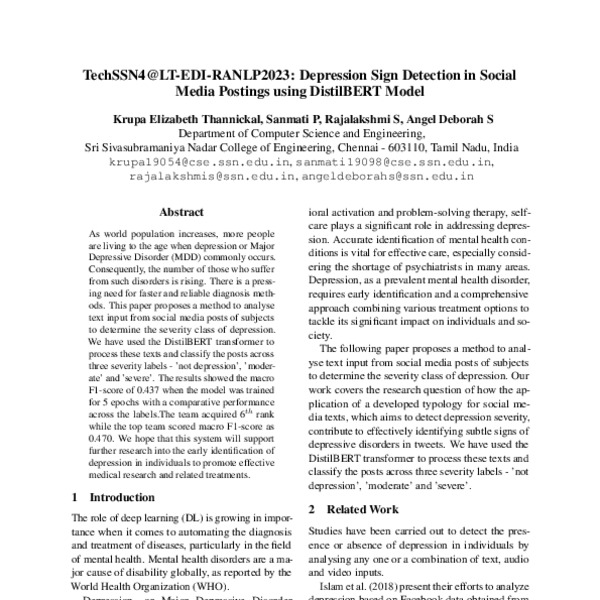 TechSSN4@LT-EDI-2023: Depression Sign Detection in Social Media Postings using DistilBERT Model ...