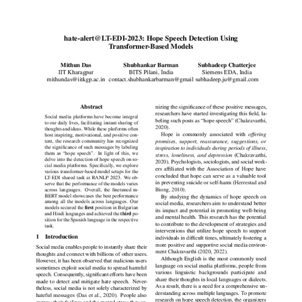 hate-alert@LT-EDI-2023: Hope Speech Detection Using Transformer-Based Models - ACL Anthology
