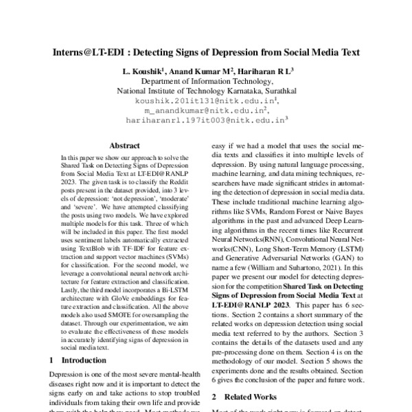 Interns@LT-EDI : Detecting Signs of Depression from Social Media Text - ACL Anthology
