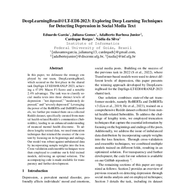DeepLearningBrasil@LT-EDI-2023: Exploring Deep Learning Techniques for Detecting Depression in ...