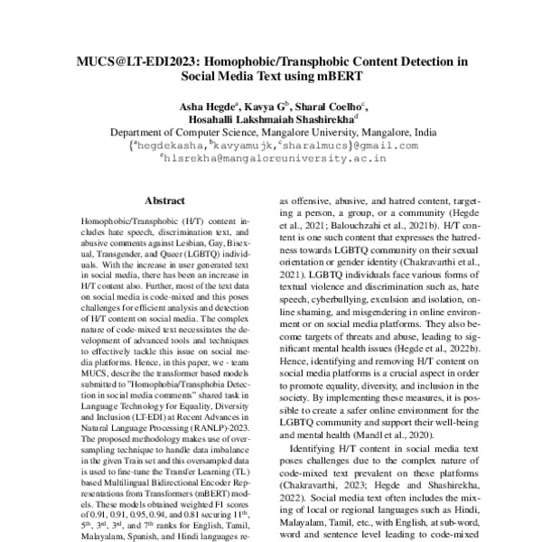 MUCS@LT-EDI2023: Homophobic/Transphobic Content Detection in Social Media Text using mBERT - ACL ...