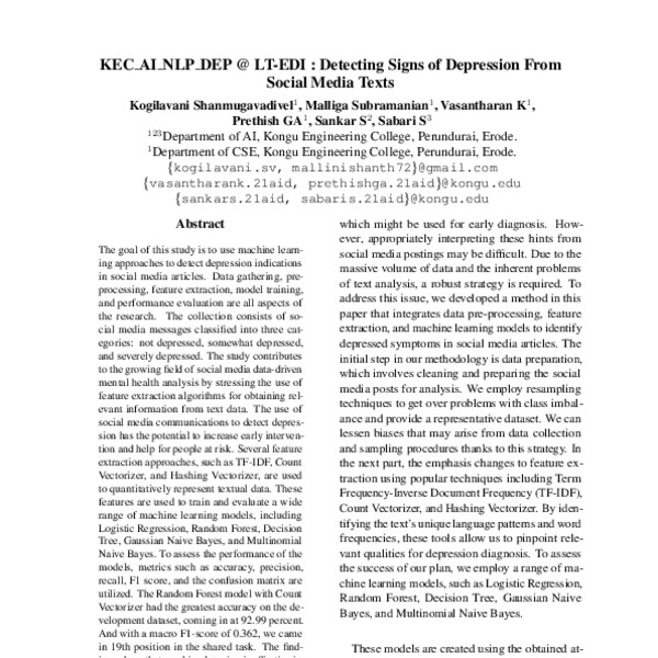 KEC_AI_NLP_DEP @ LT-EDI : Detecting Signs of Depression From Social Media Texts - ACL Anthology