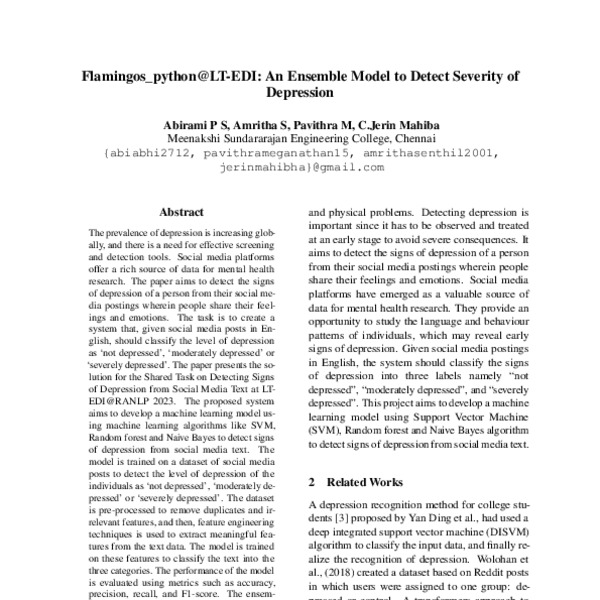 Flamingos_python@LT-EDI-2023: An Ensemble Model to Detect Severity of Depression - ACL Anthology