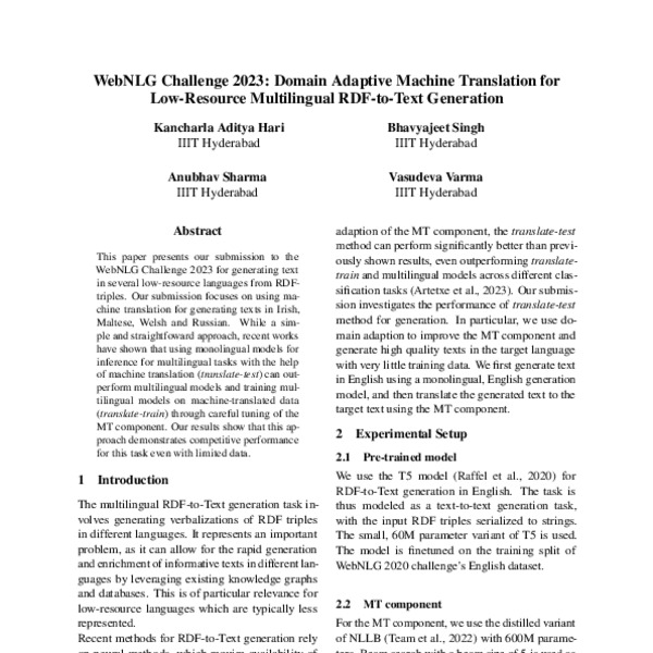 WebNLG Challenge 2023: Domain Adaptive Machine Translation for Low-Resource Multilingual RDF-to ...