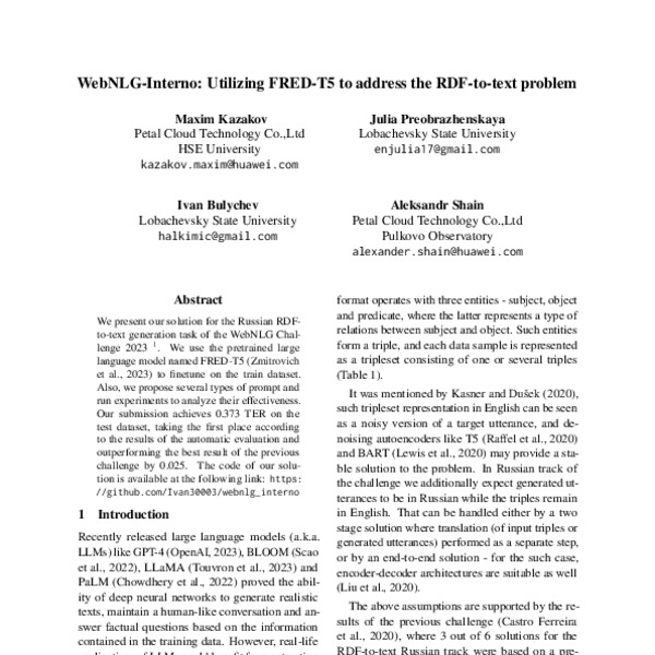 WebNLG-Interno: Utilizing FRED-T5 to address the RDF-to-text problem (WebNLG 2023) - ACL Anthology