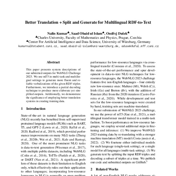 Better Translation + Split and Generate for Multilingual RDF-to-Text (WebNLG 2023) - ACL Anthology