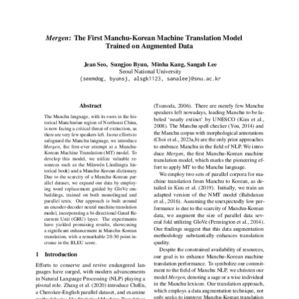 Mergen: The First Manchu-Korean Machine Translation Model Trained on ...