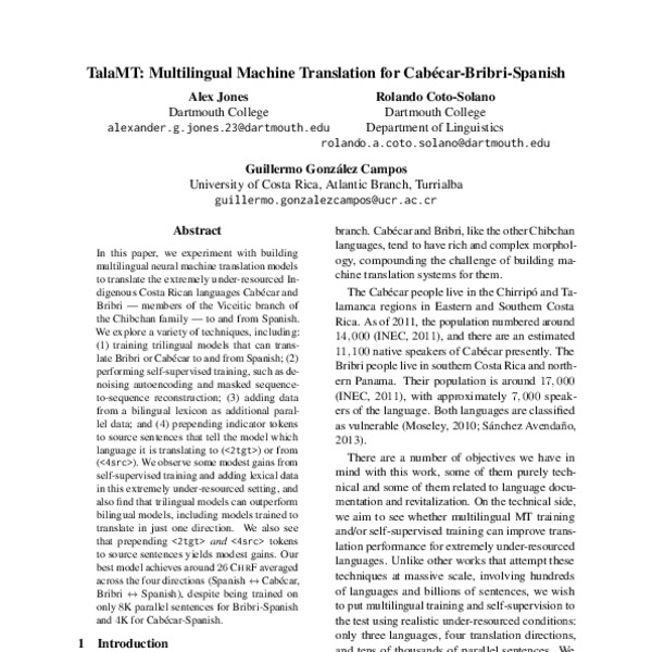 TalaMT: Multilingual Machine Translation for Cabécar-Bribri-Spanish - ACL Anthology
