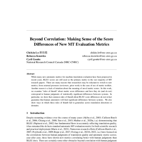 Beyond Correlation Making Sense Of The Score Differences Of New Mt Evaluation Metrics Acl