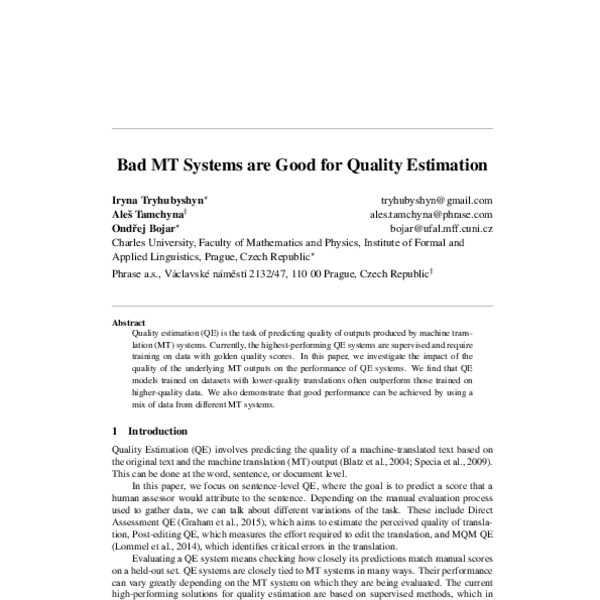 Bad MT Systems are Good for Quality Estimation - ACL Anthology