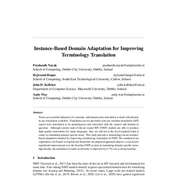 Instance-Based Domain Adaptation for Improving Terminology Translation - ACL Anthology