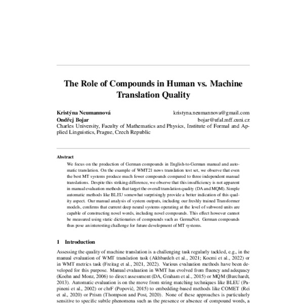 The Role of Compounds in Human vs. Machine Translation Quality - ACL ...