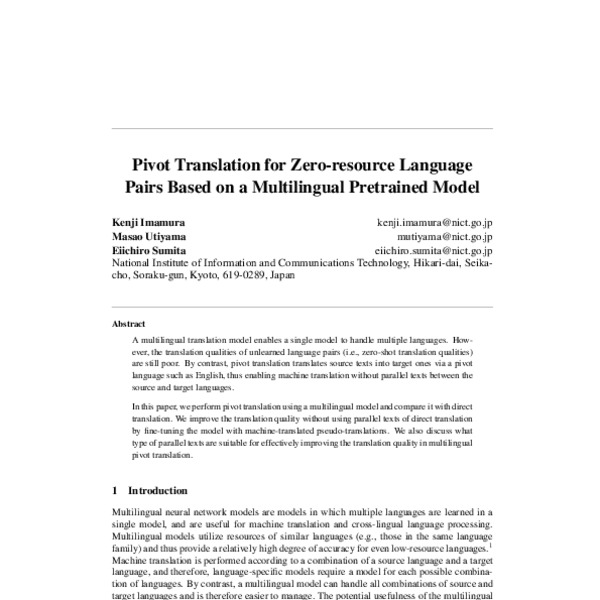 Pivot Translation for Zero-resource Language Pairs Based on a Multilingual Pretrained Model ...
