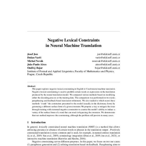 Negative Lexical Constraints in Neural Machine Translation - ACL Anthology