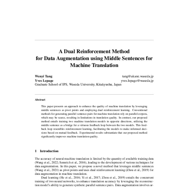A Dual Reinforcement Method for Data Augmentation using Middle Sentences for Machine Translation ...