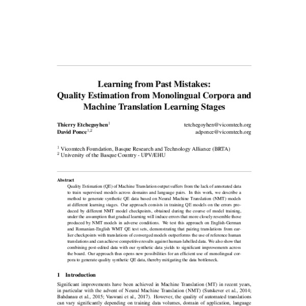 Learning from Past Mistakes: Quality Estimation from Monolingual Corpora and Machine Translation ...