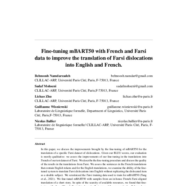 Fine-tuning MBART-50 with French and Farsi data to improve the ...