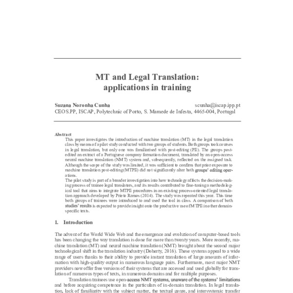 MT and legal translation: applications in training - ACL Anthology