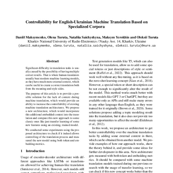 Controllability for English-Ukrainian Machine Translation Based on ...