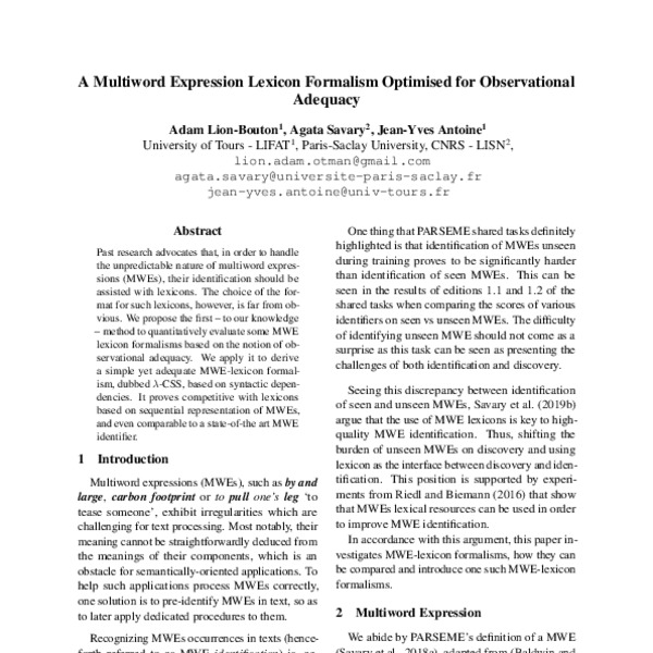 A MWE lexicon formalism optimised for observational adequacy - ACL ...