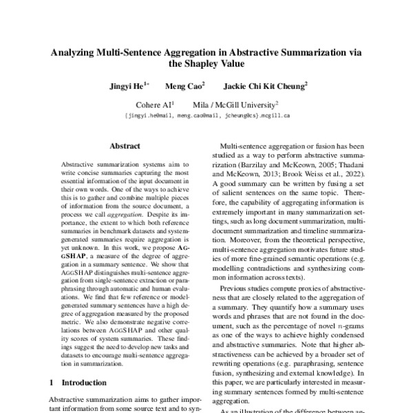 Analyzing Multi Sentence Aggregation In Abstractive Summarization Via The Shapley Value Acl