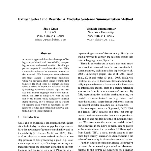 Extract, Select and Rewrite: A Modular Sentence Summarization Method - ACL Anthology