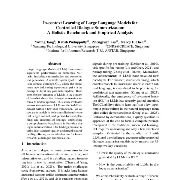 In-context Learning of Large Language Models for Controlled Dialogue Summarization: A Holistic ...