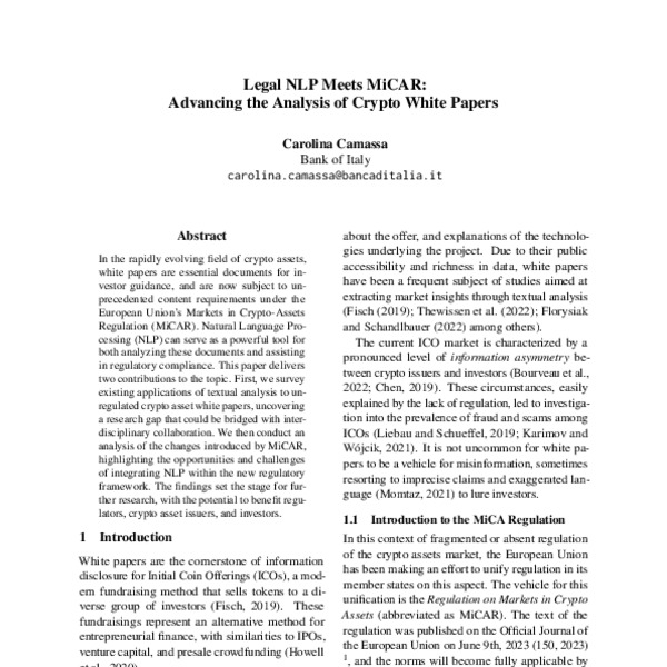 Legal NLP Meets MiCAR: Advancing the Analysis of Crypto White Papers ...