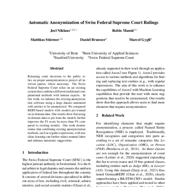 Automatic Anonymization of Swiss Federal Supreme Court Rulings - ACL ...