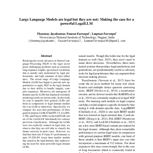 Large Language Models are legal but they are not: Making the case for a powerful LegalLLM - ACL ...