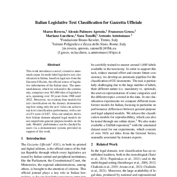 Italian Legislative Text Classification for Gazzetta Ufficiale - ACL ...