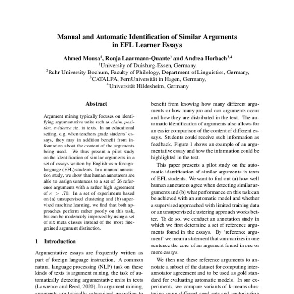 Manual and Automatic Identification of Similar Arguments in EFL Learner Essays - ACL Anthology