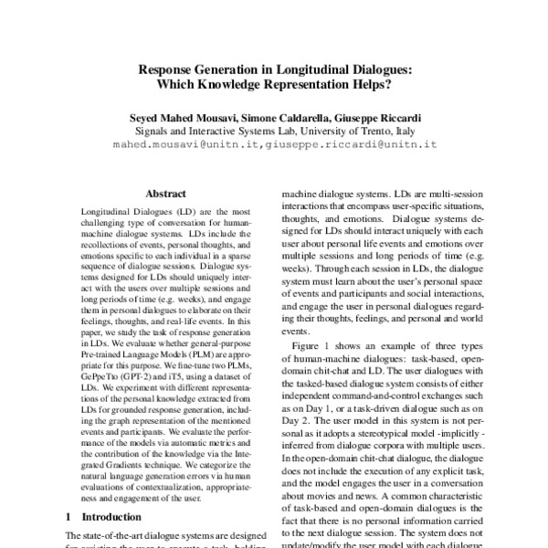 Response Generation in Longitudinal Dialogues: Which Knowledge Representation Helps? - ACL Anthology