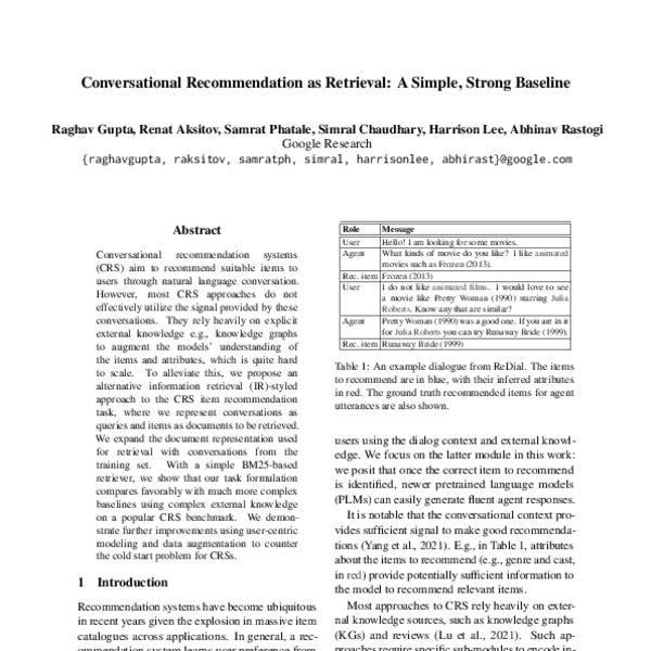 Conversational Recommendation as Retrieval: A Simple, Strong Baseline - ACL Anthology