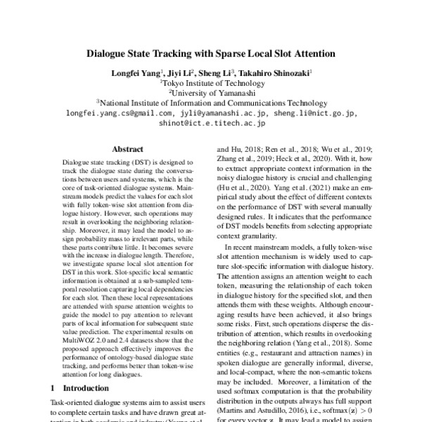 Dialogue State Tracking with Sparse Local Slot Attention - ACL Anthology